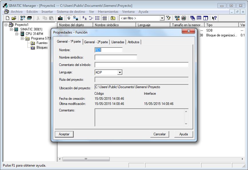 Crear FC Step7 desde cero con propiedades y llamada al FC » tecnoplc