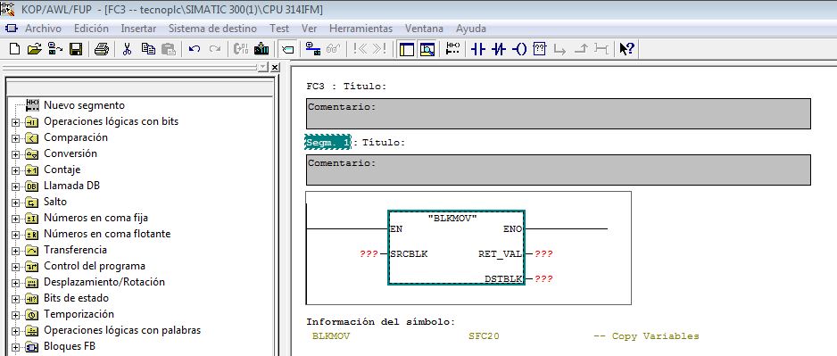 Copiar un área de memoria en Step 7: Parámetros. » tecnoplc